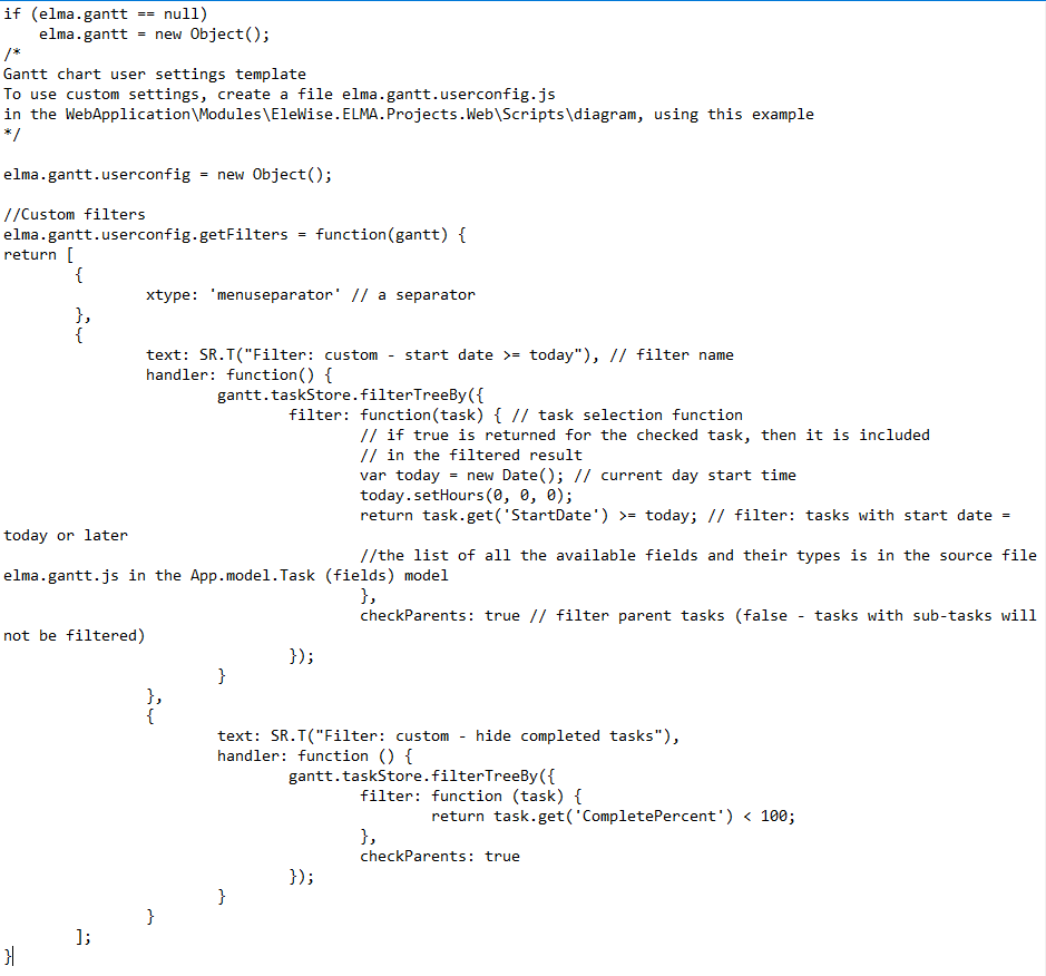 Creating a custom filter in a project plan